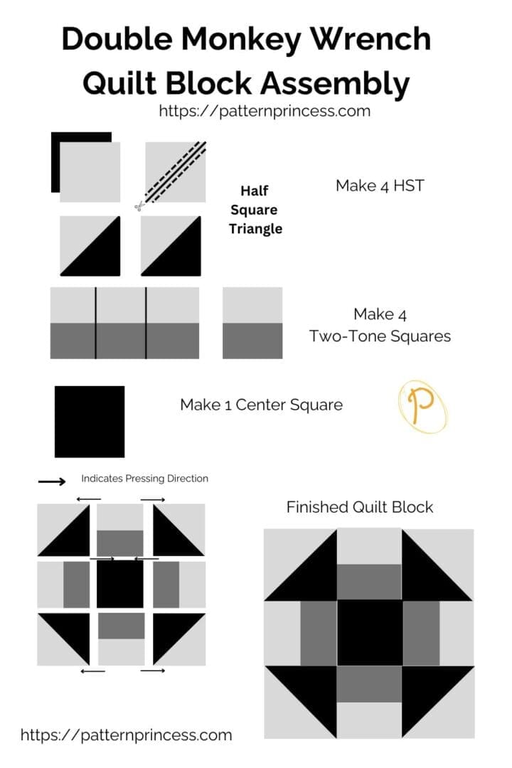 How to Make a Classic Double Monkey Wrench Quilt Block - Pattern Princess